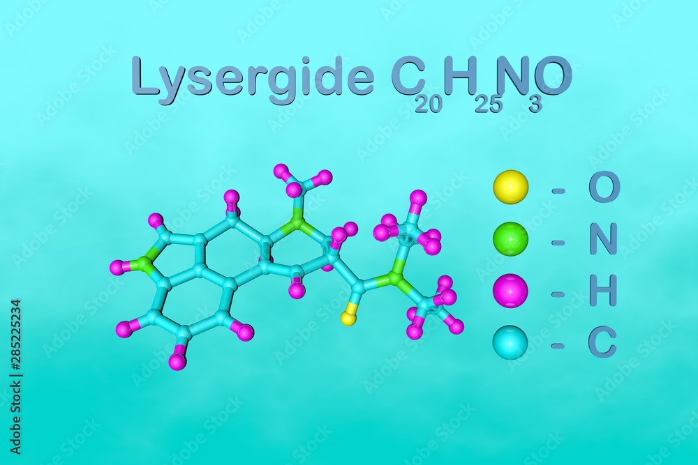 Structural chemical formula and molecular model of lysergide (LSD), a ...