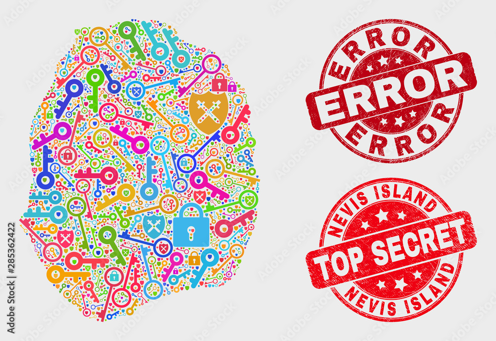 Safeguard Nevis Island map and seal stamps. Red round Top Secret and ...