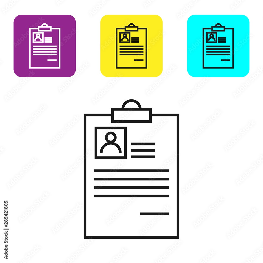 Black line Clipboard with resume icon isolated on white background. CV ...