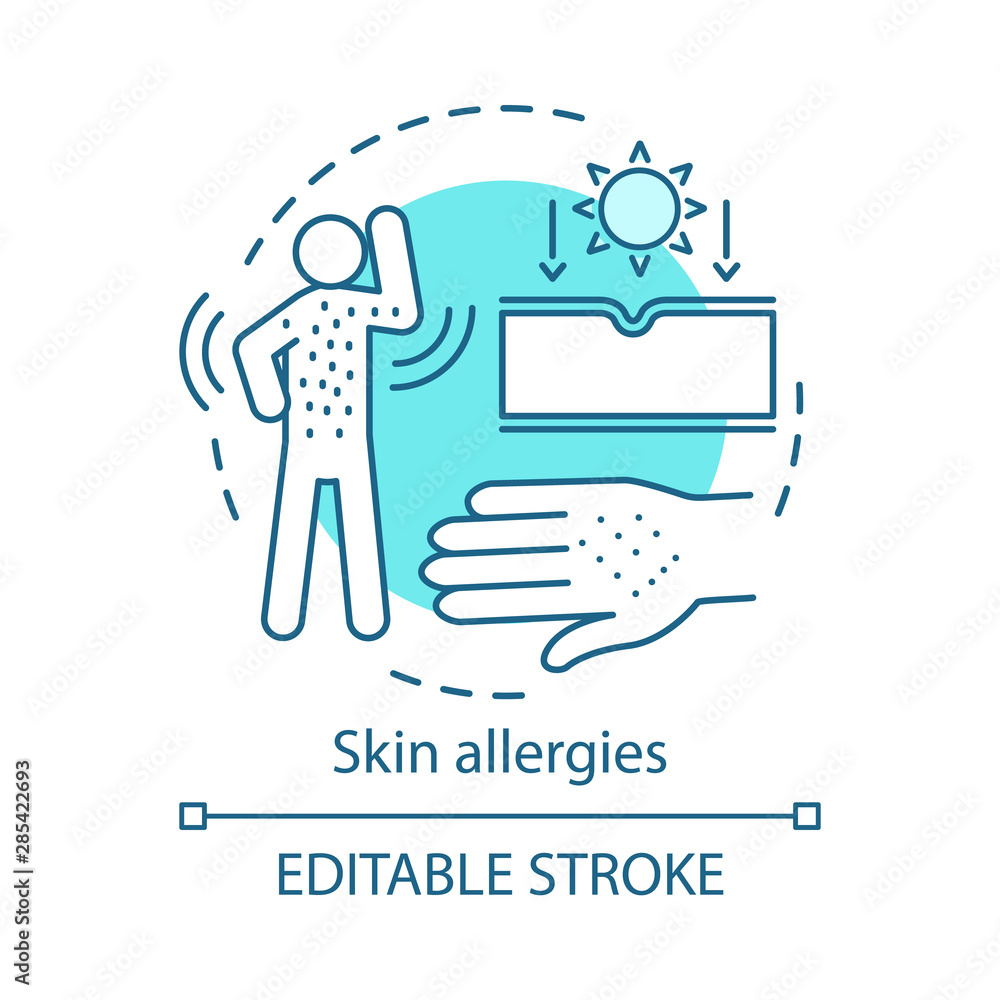Skin allergies concept icon. Rash, contact dermatitis, hives idea thin ...