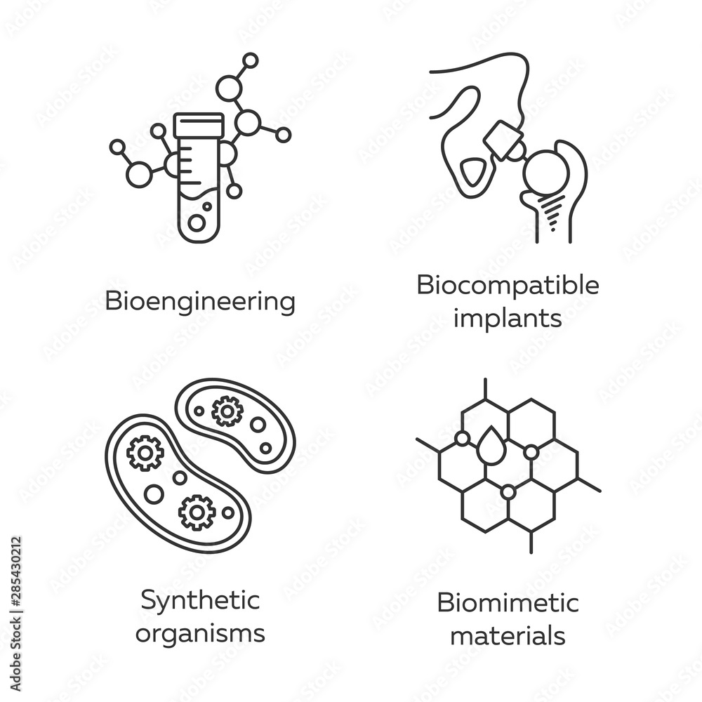 Bioengineering linear icons set. Biotechnology. Biochemistry, GMO, implantation. Thin line ...