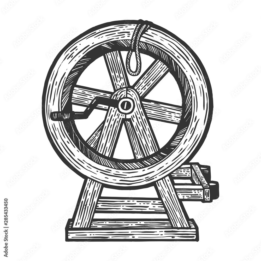 Breaking wheel medieval torture device sketch engraving vector ...