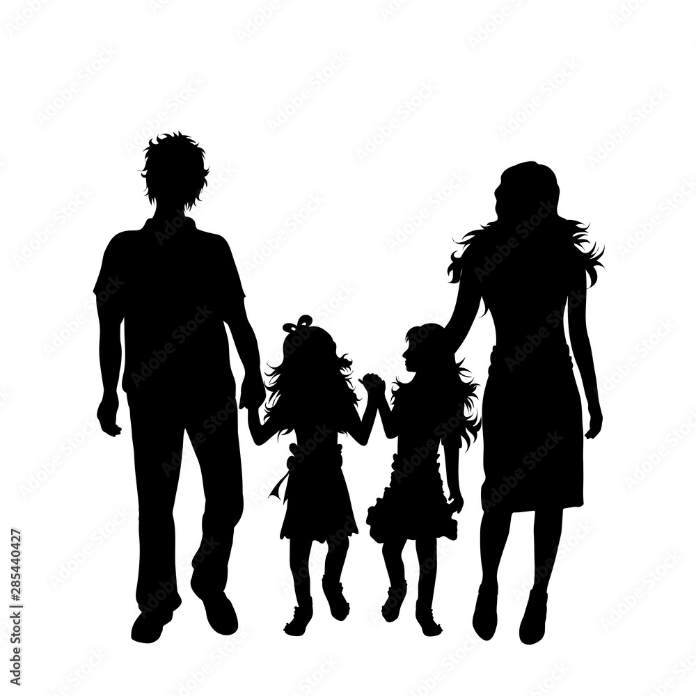 Vector silhouette of mother and father with her children on white ...