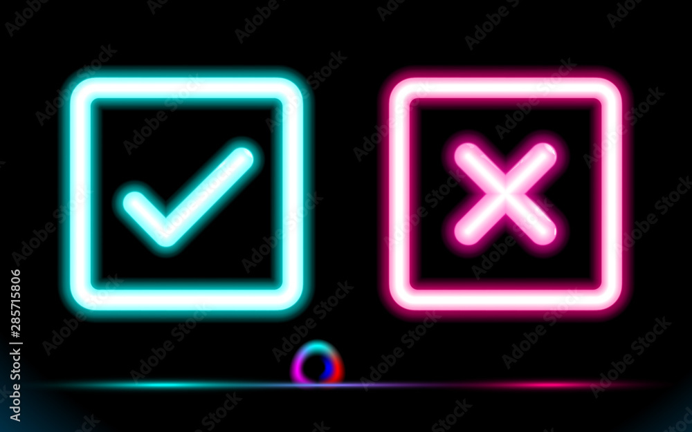 Neon set blue lamp checkmark with pink crosshair icons in a square ...