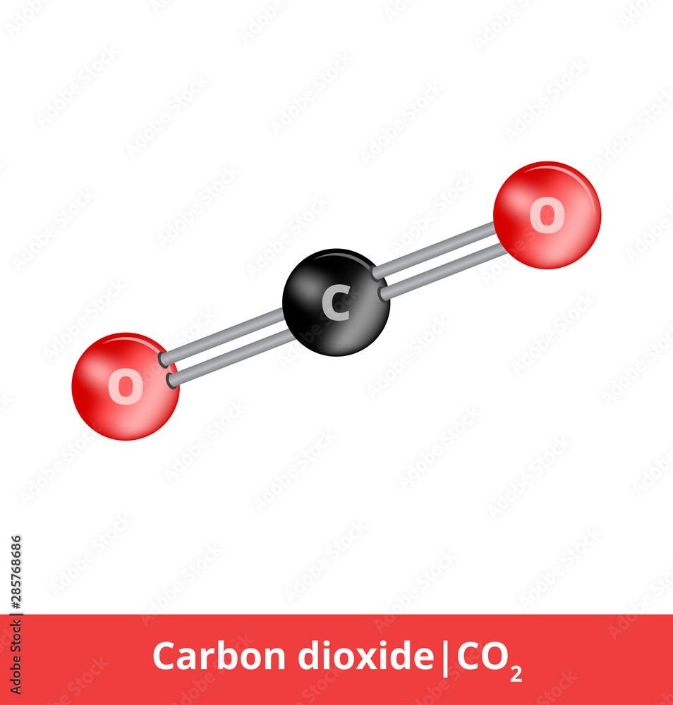 Vector ball-and-stick model model of chemical substance. Icon of carbon dioxide molecule CO2 ...