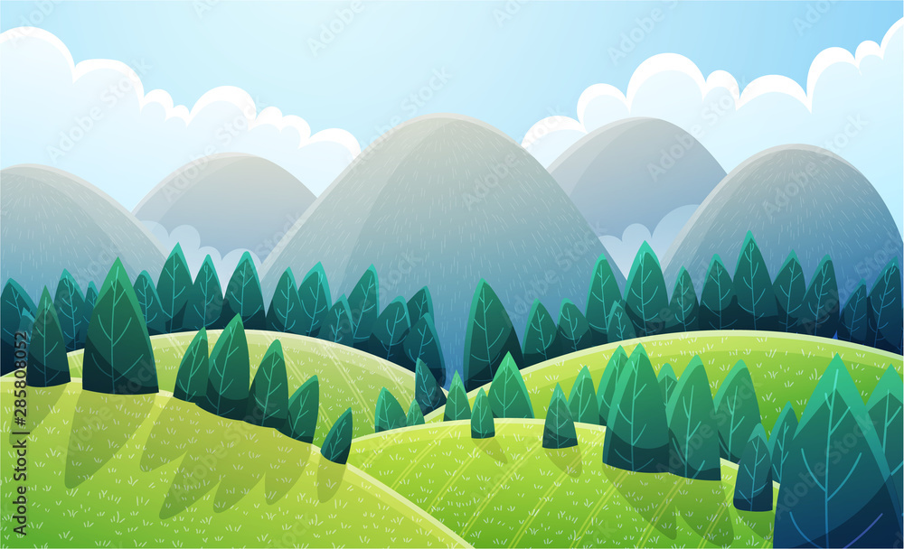 Mountains landscape with light green rounded hills and stylized pine ...