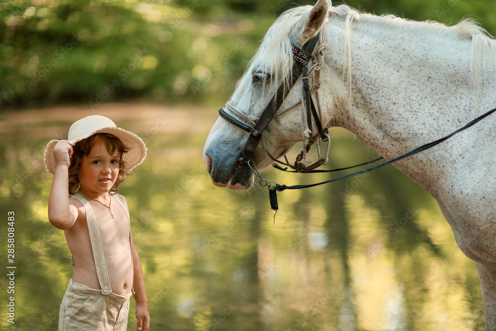 Little baby boy with curly hair dressed as hobbit playing with horse in ...