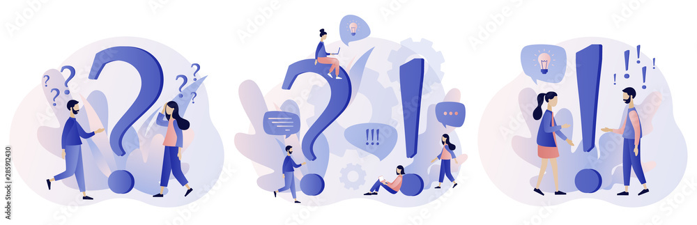 FAQ concept set. People around exclamations and question marks ...
