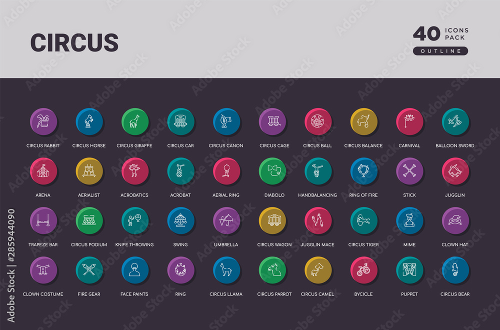 circus concept 40 outline colorful round icons set Stock Vector | Adobe ...