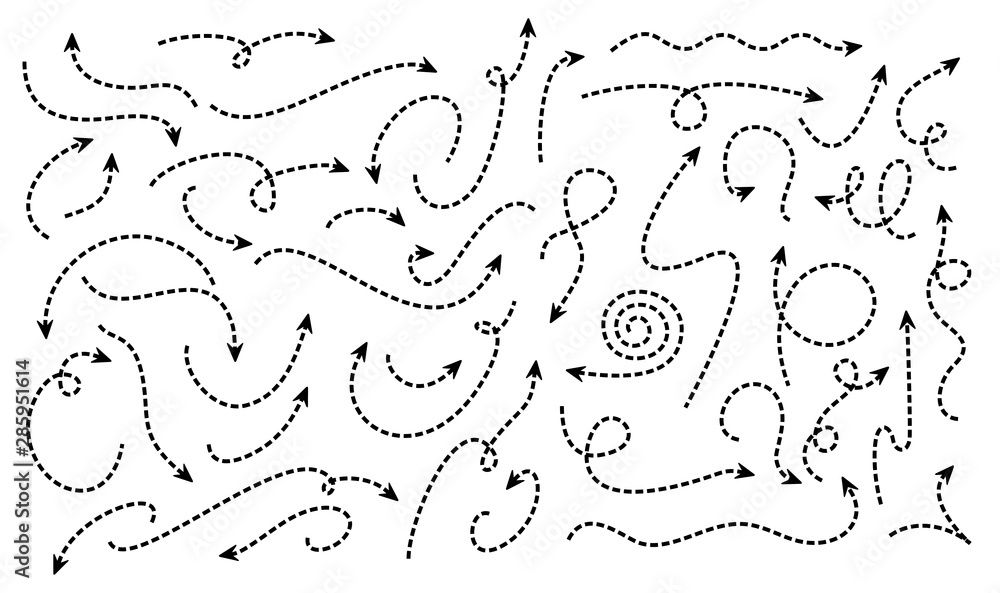 Set of hand drawn dashed arrows. Vector illustration. Isolated on white ...