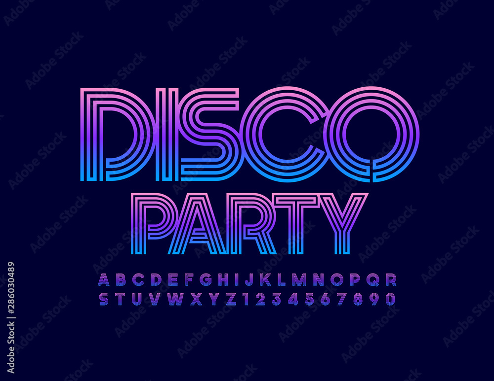 Vector bright Emblem Disco Party. Colorful Uppercase Font. Modern ...