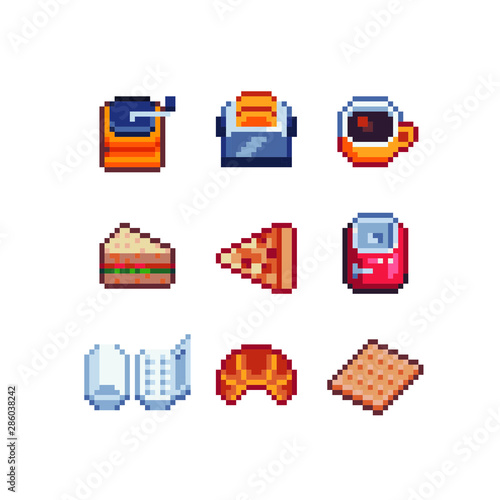 Food pixel art icons. Fast Food, pizza, hamburger, cookie, croissant ...