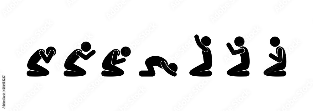 man pray icon, set of people silhouettes on knees, stick figure ...