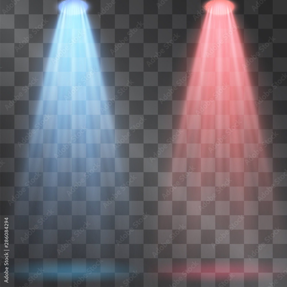 Blue and red light projector beams set. Glowing stage isolated on ...