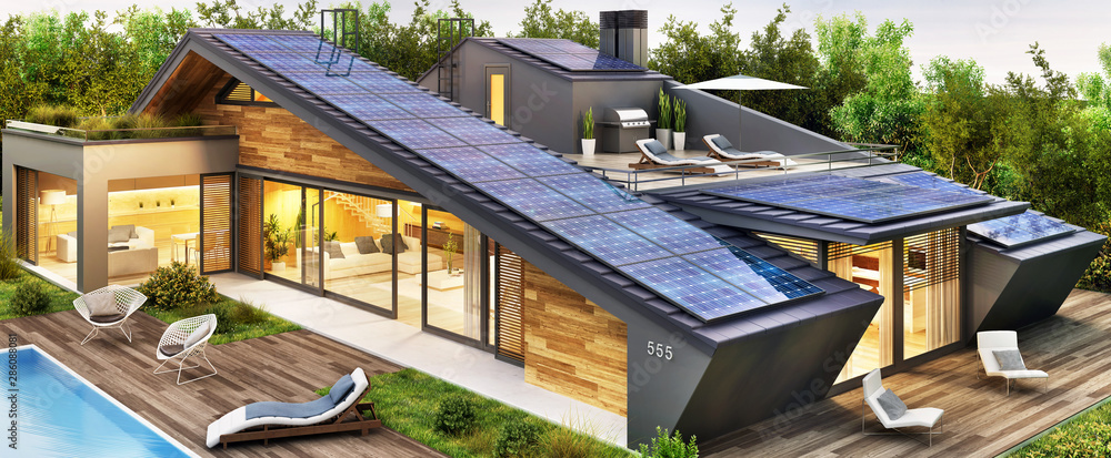 ภาพประกอบ Stock Beautiful modern house with a rooftop terrace and solar ...