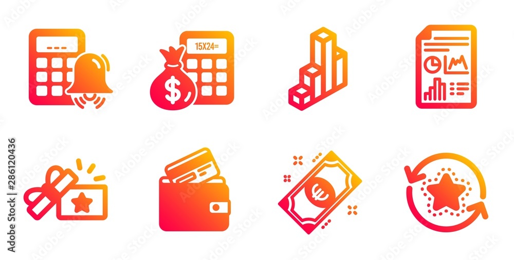 Loyalty gift, 3d chart and Report document line icons set. Debit card ...