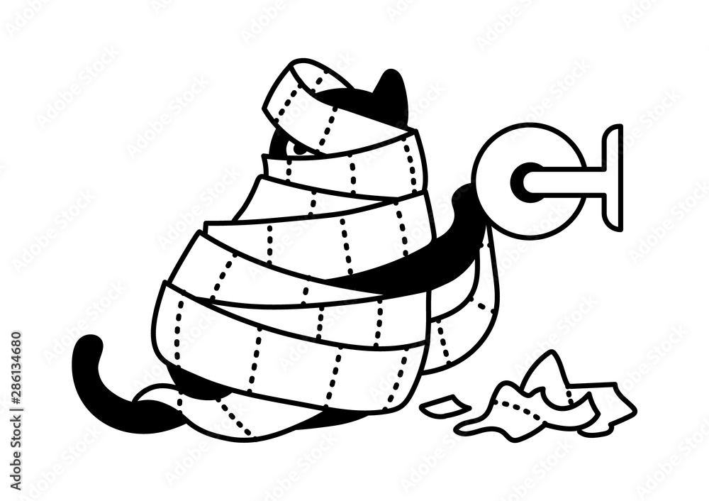 A Vector Outline Cartoon Black And White Drawing Of A Black Cat Pulling ...