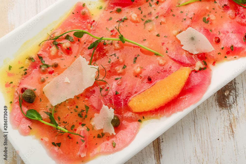 Restaurant Starter Menu with Slightly Salted Salmon Fillet Isolated on ...