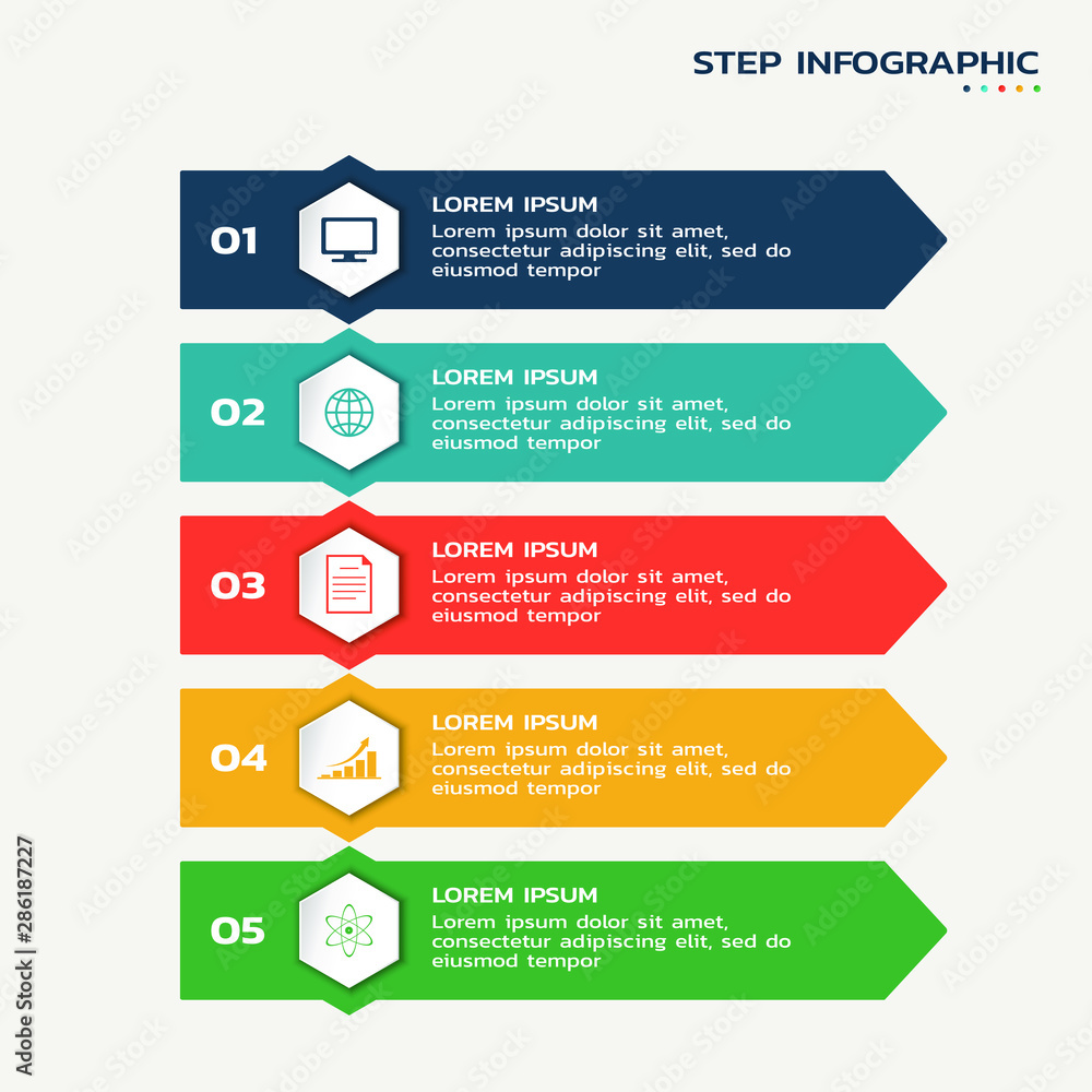 five steps infographic. process flowchart with color hexagons with ...