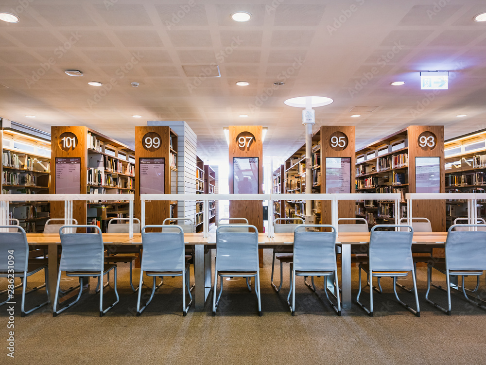 Library Bookshelf Interior Table with seats Reading room study Campus ...