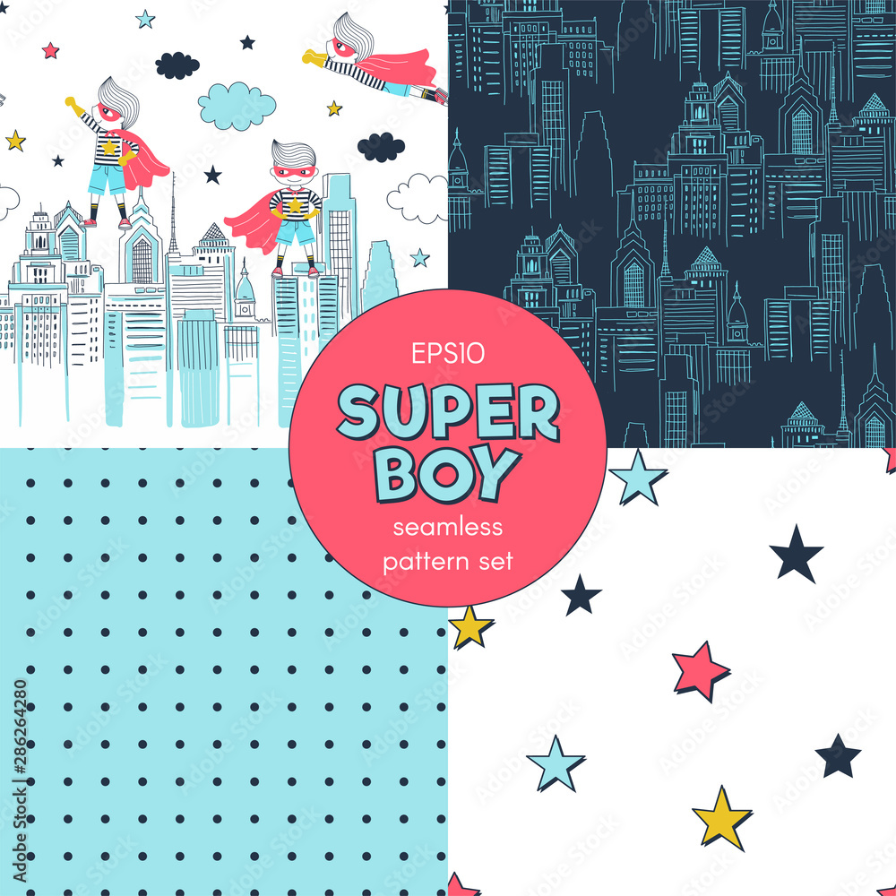 Little superheroes cartoon seamless patterns set. Super boys, cityscape ...
