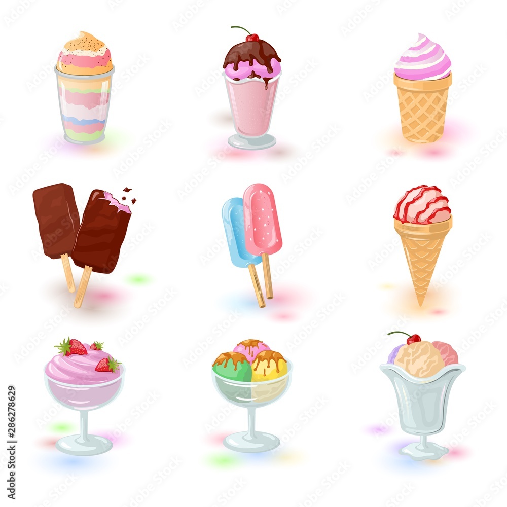 Culinary art. Big set with fruit, berry and vanilla desserts: stick ice ...