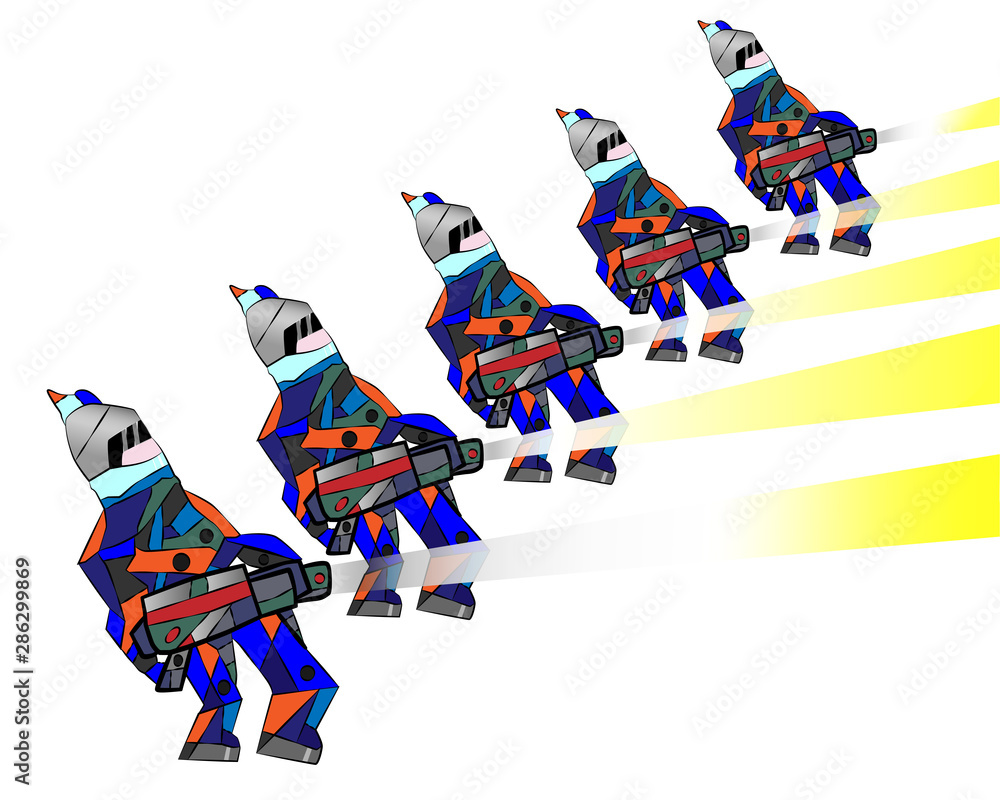 Five warriors with firearms on the battlefield. Warriors in colorful ...