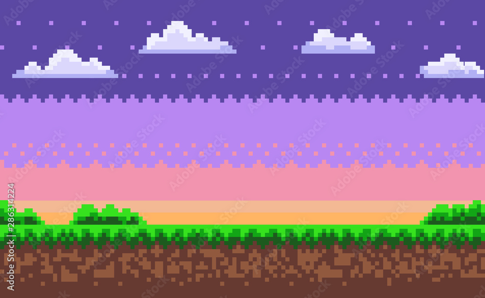 Nobody interface of pixel game platform, evening and sunset view ...