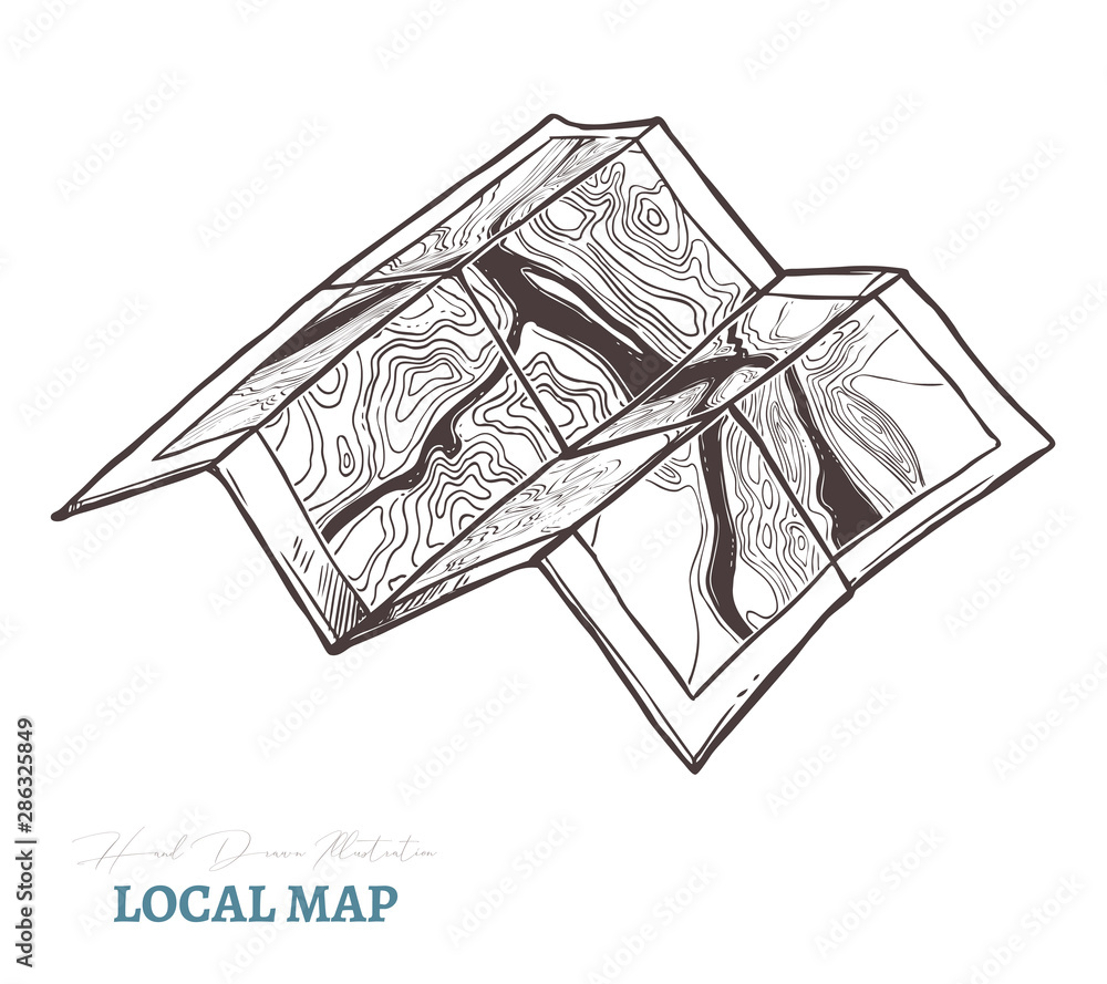 Hand drawn toristic paper map of mountain. Isolated vector illustration ...