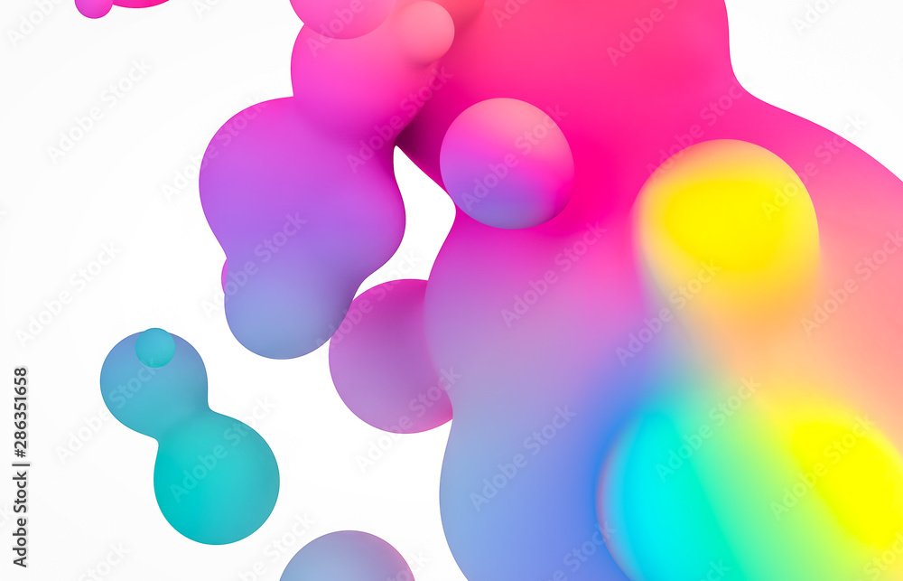 Abstract colorful 3d art background. Holographic floating liquid blobs, soap bubbles, metaballs ...