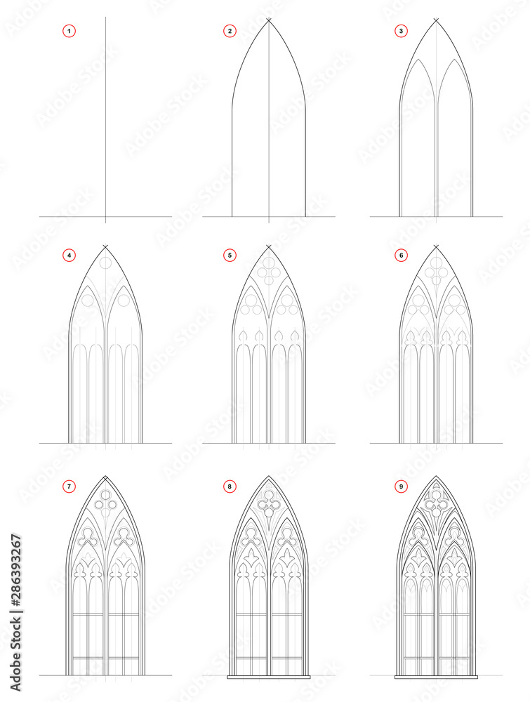 How to draw step-wise sketch of beautiful Gothic stained glass window ...