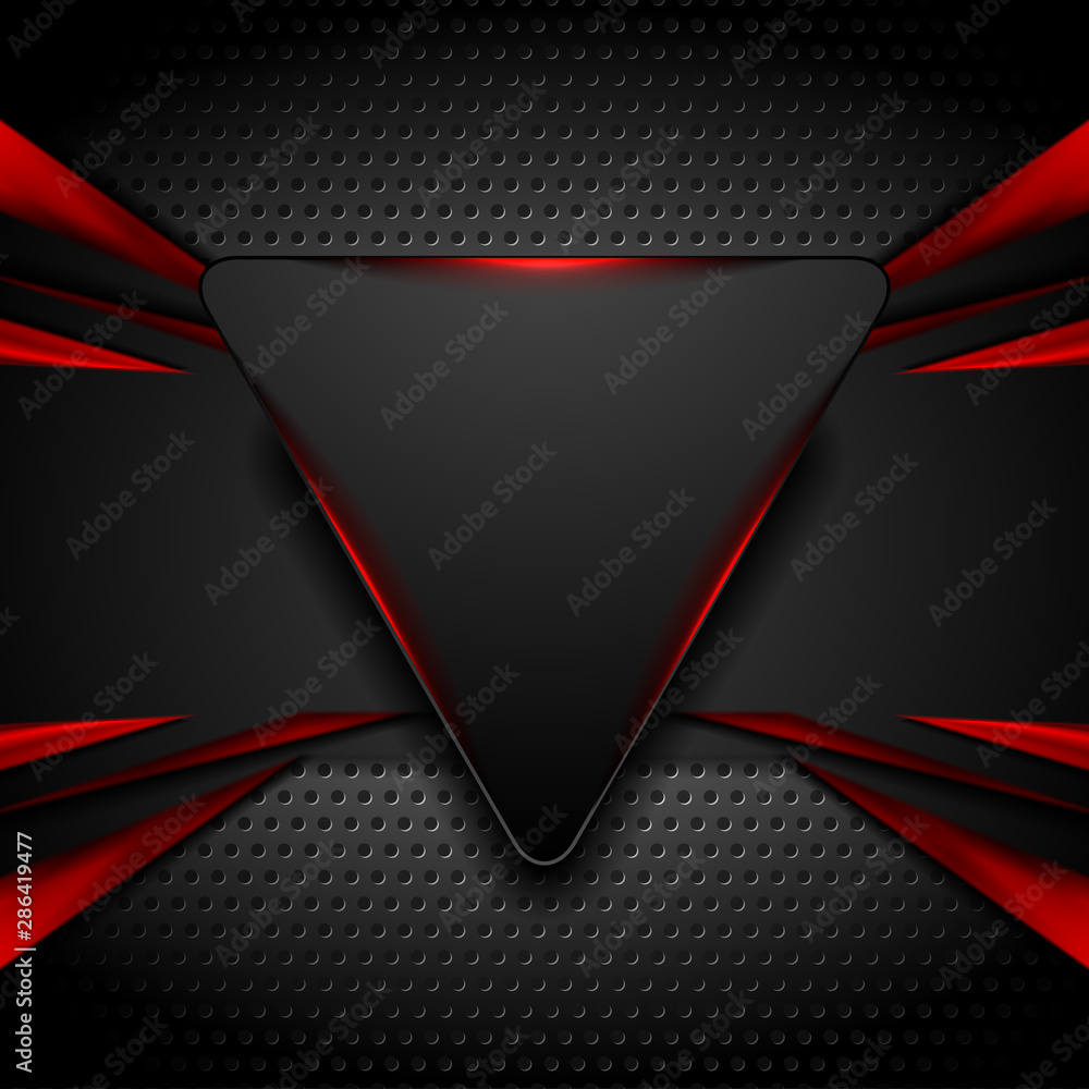 Abstract shiny hi-tech futuristic red and black background with neon light triangle. Dark ...