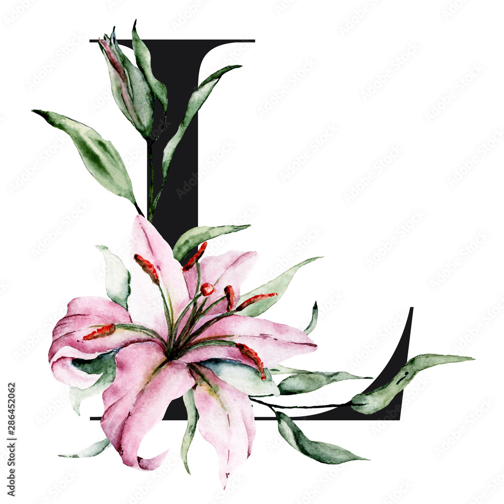 Floral alphabet, letter L with watercolor flowers lilies and leaves ...