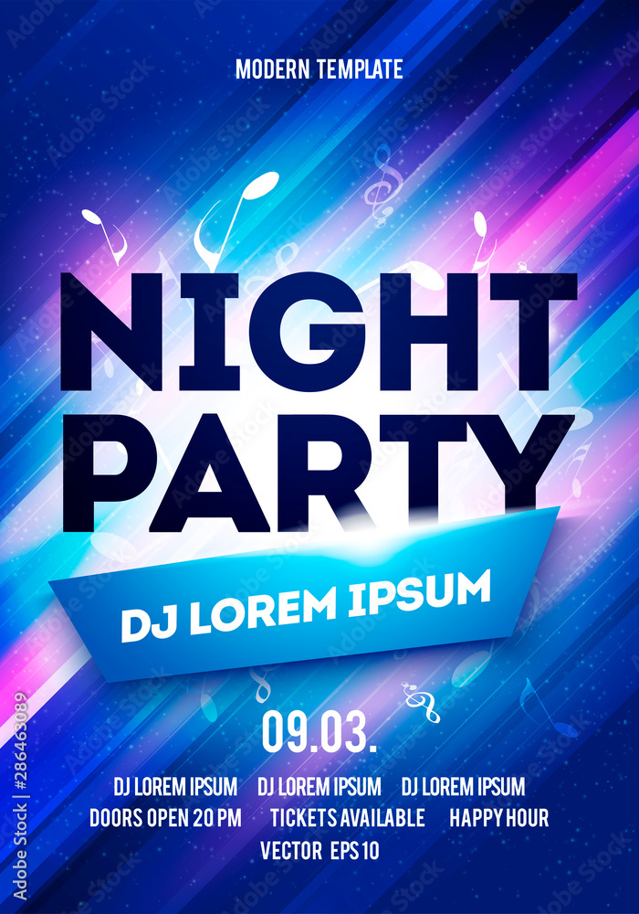 Vector Party Night Flyer Or Banner Design Template With Dynamic Light ...