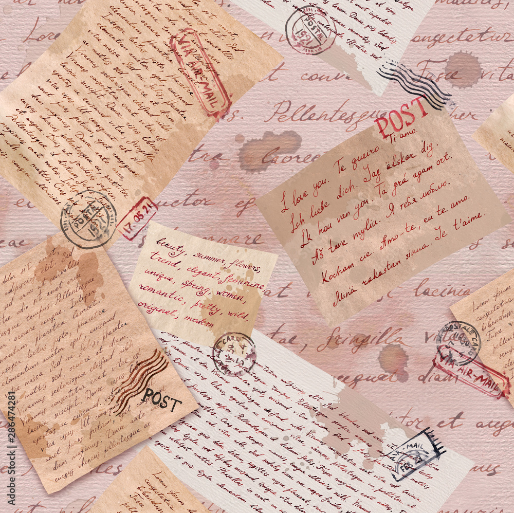 Vintage old paper with hand written letters and postal stamps ...