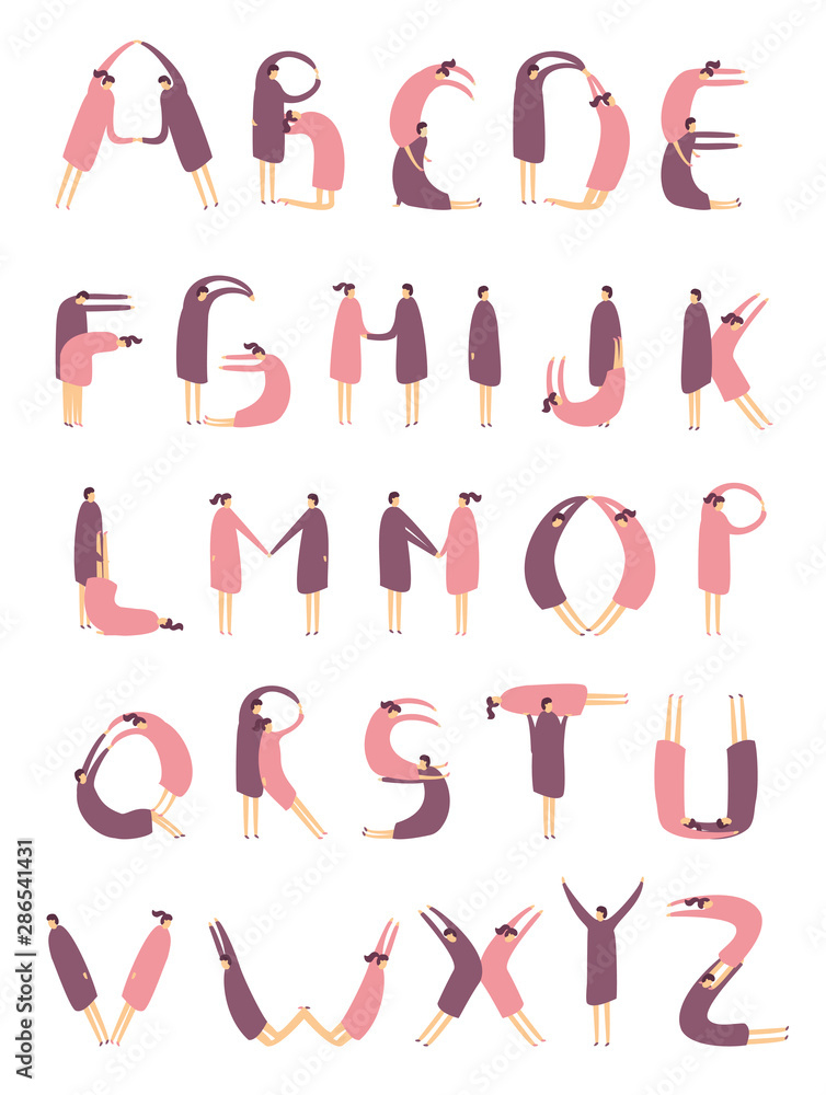 English alphabet with humans. Flat design. ABC cartoon vector. People ...