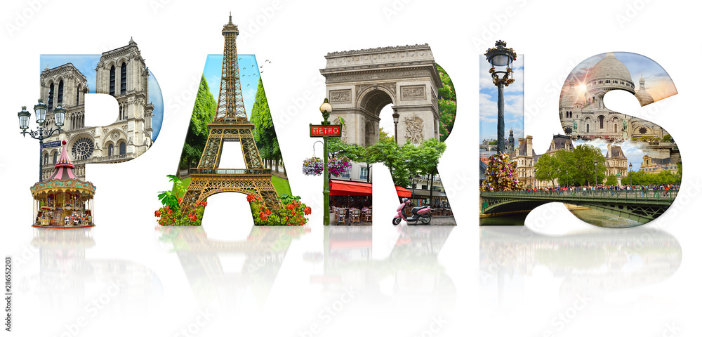 Paris city landmarks. Word illustration of most famous Paris monuments ...