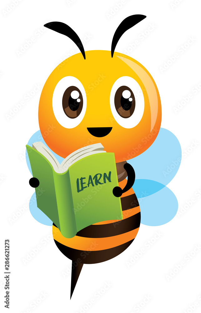 Cartoon cute happy bee mascot carrying a green learning book. Back to ...