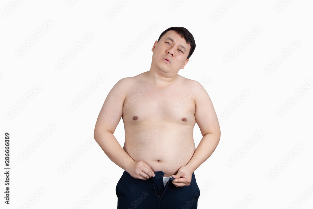 Asian fat man with a big belly isolated on white background Stock Photo ...