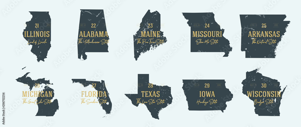Set 3 of 5 Highly detailed vector silhouettes of USA state maps with ...