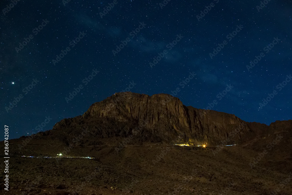 Mount Moses at night. Starry sky and the Milky Way. Holy place for ...