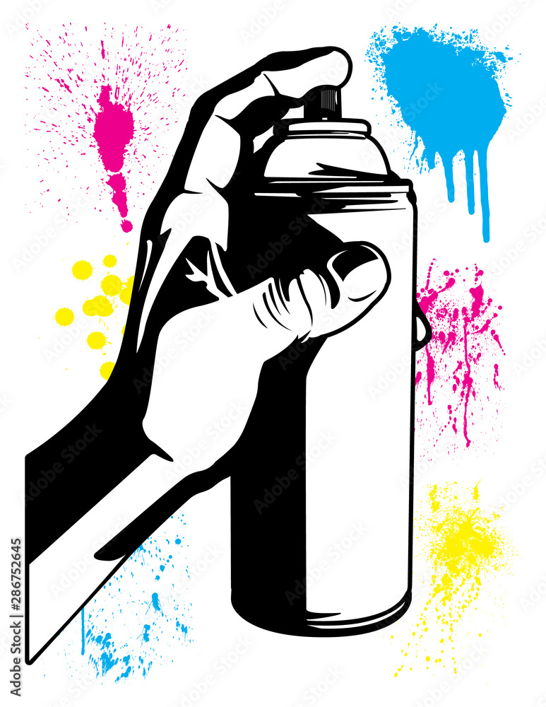 Hand Using an Aerosol Can with Paint Splatter Textures Black and White ...