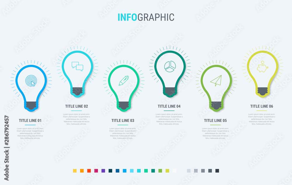 Vector infographics timeline design template with light bulbs elements. Content, schedule ...