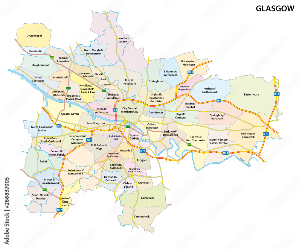 Map of the Scottish city of Glasgow with roads and all neighborhoods of ...