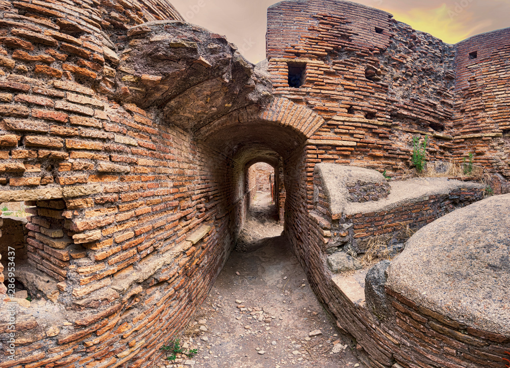 Archaeological excavations street view of ancient Roman ruin with ...
