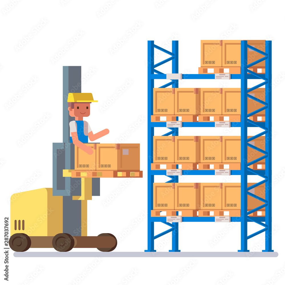 Flat vector warehouse worker operated electric fork lifter. Loading ...