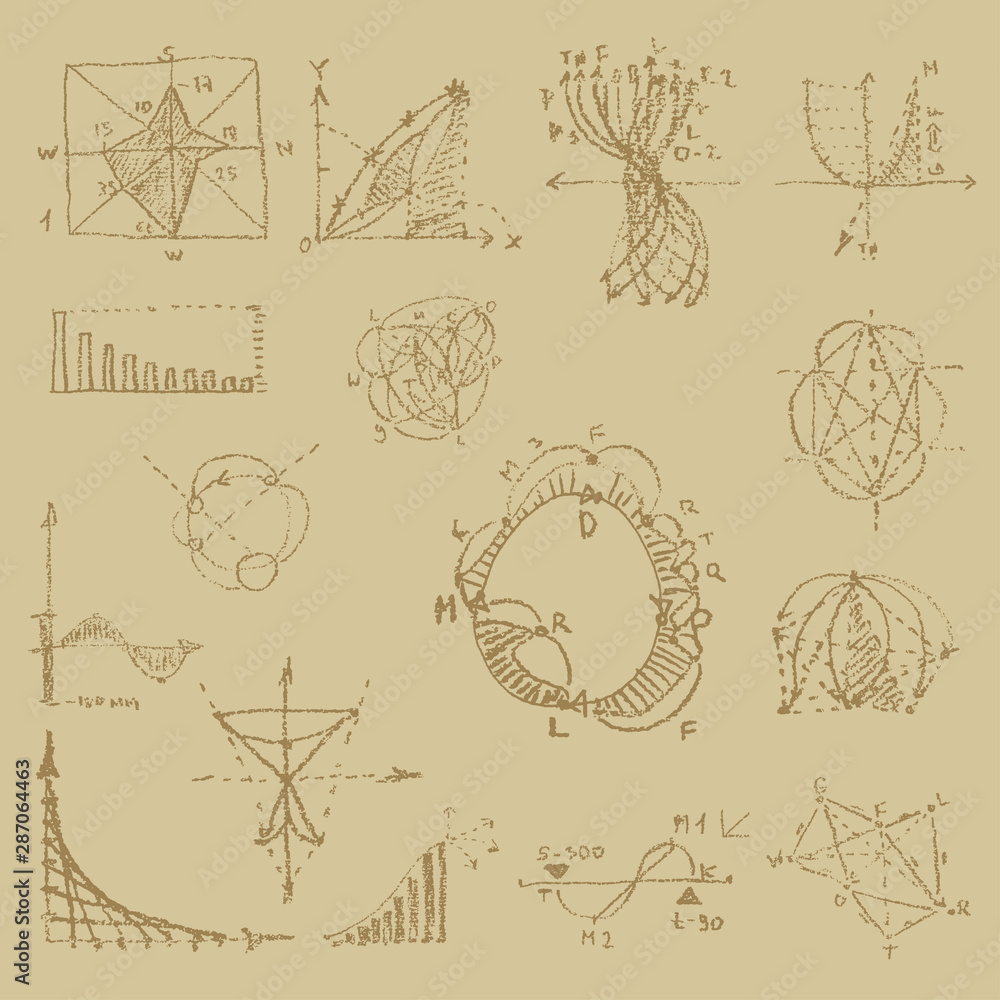 Doodle writing of vintage physical equations and formulas, chalk ...