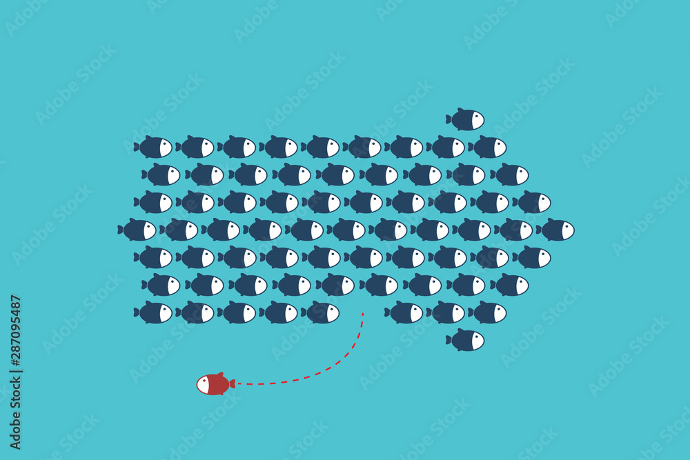 Think differently -One red unique different fish swimming opposite way ...