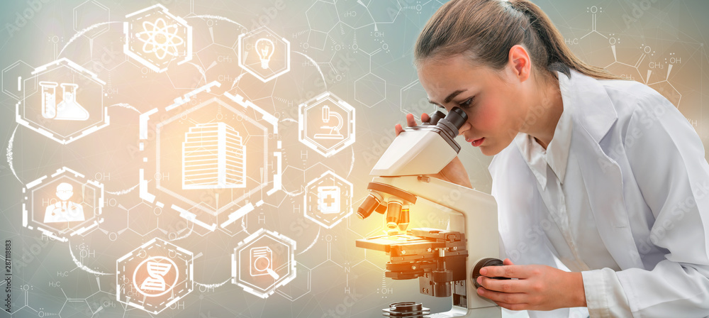 Medical Healthcare Research and Development Concept. Doctor in hospital lab with science health ...