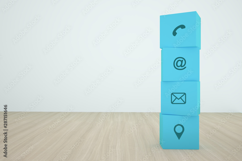 Blue cube block stacking with contact Icon arranging In a row on wood ...
